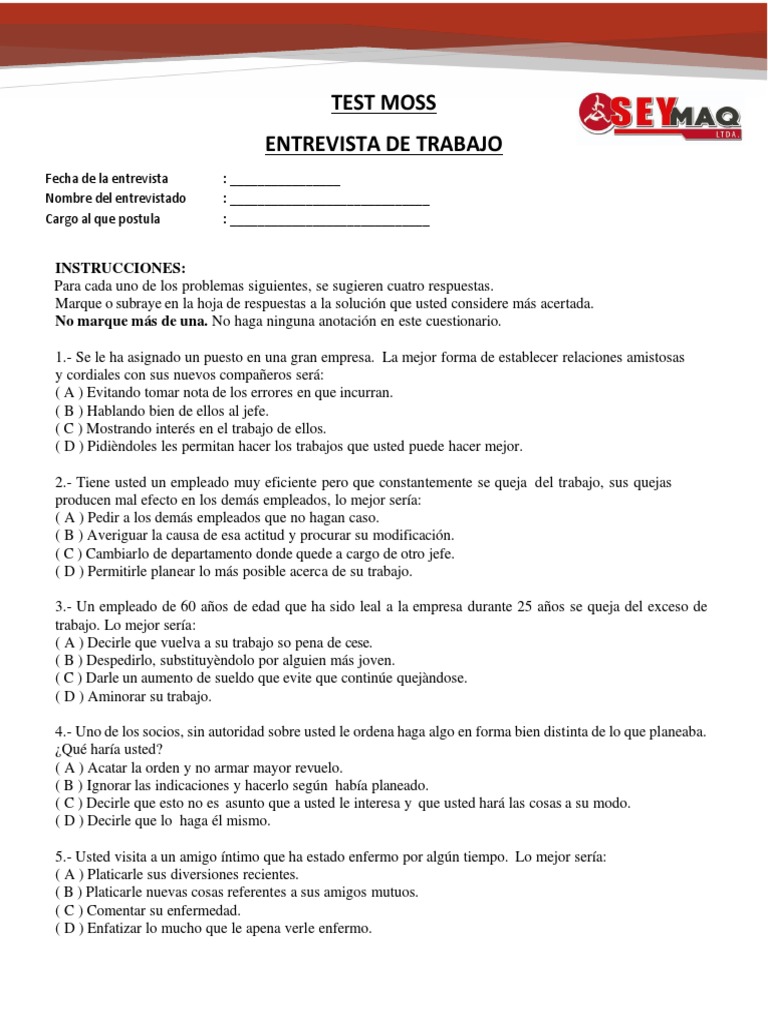 Test Moss Reclutamiento 2022 | PDF