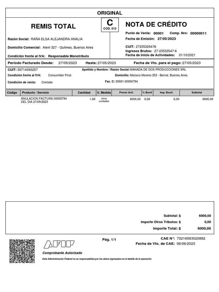 Remis Total Nota de Crédito: Original | PDF | Economias