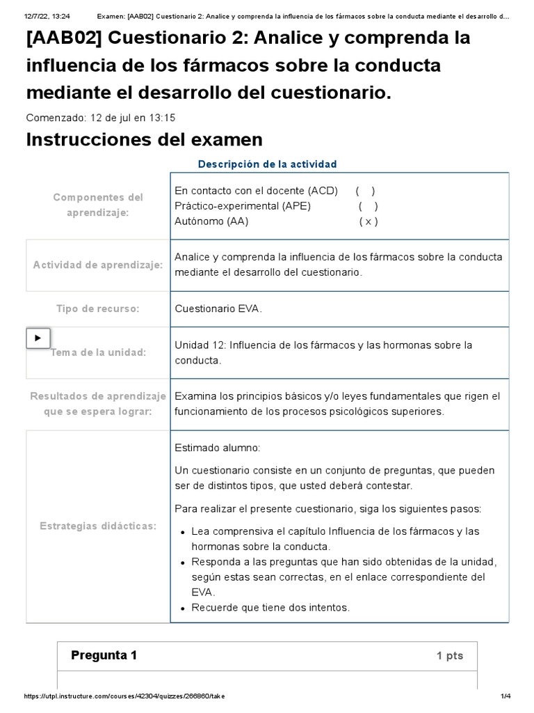 Examen - (AAB02) Cuestionario 2 - Analice y Comprenda La Influencia de Los Fármacos Sobre La ...