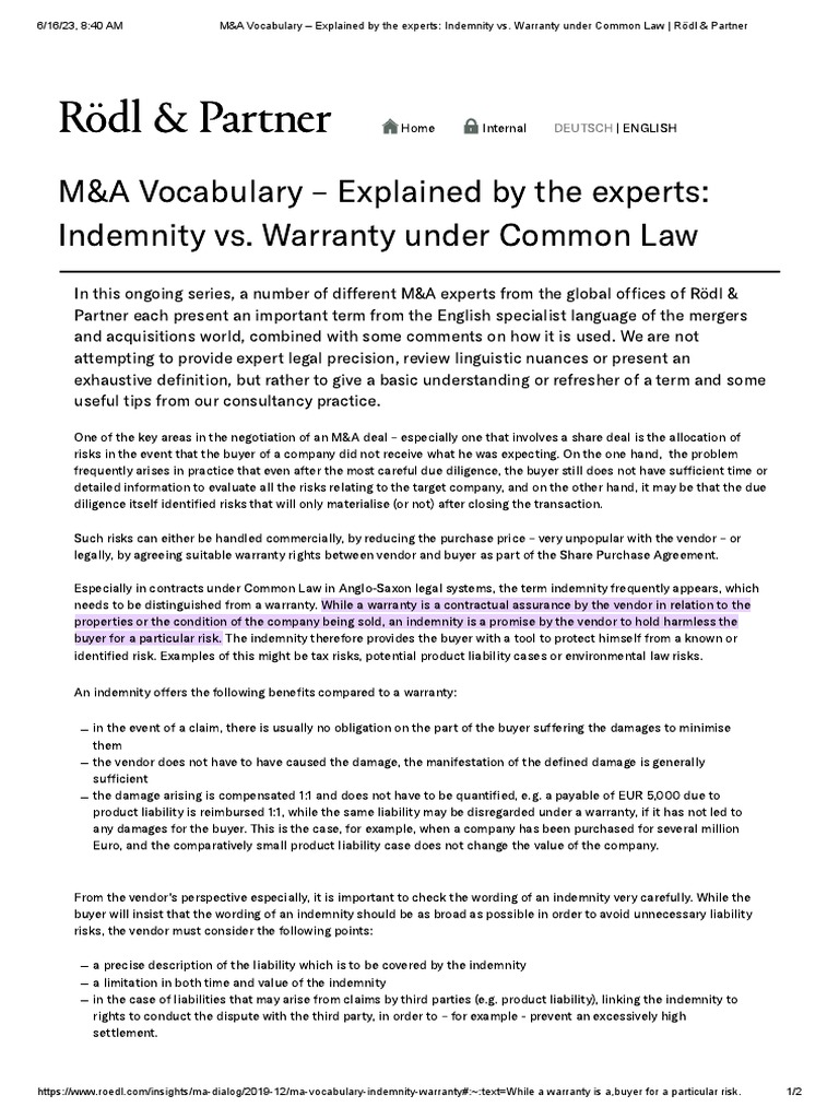 M&A Vocabulary - Explained by The Experts - Indemnity vs. Warranty ...