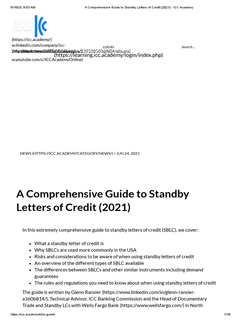 A Comprehensive Guide To Standby Letters of Credit (2021) - ICC Academy | PDF