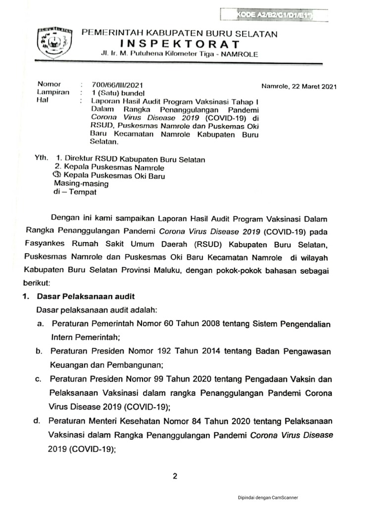 1 .Laporan Mengenai Hasil Pengawasan Inspektorat 2020 Dan 2021 | PDF
