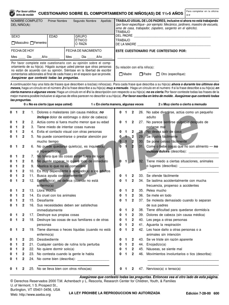 CBCL 1 - 5 AÑOS (Padres) | Descargar gratis PDF | Aquisición de idioma