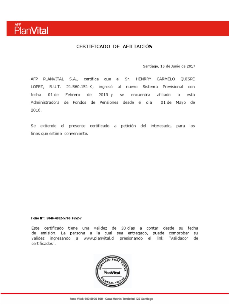 Plan Vital Certificado de Afiliacion | PDF