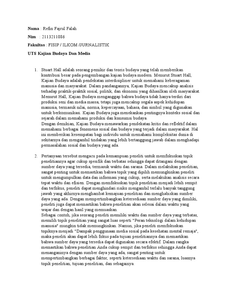Uts Kajian Budaya & Media - Refin Fajrul Falah - 2113211086 | PDF | Ilmu Sosial