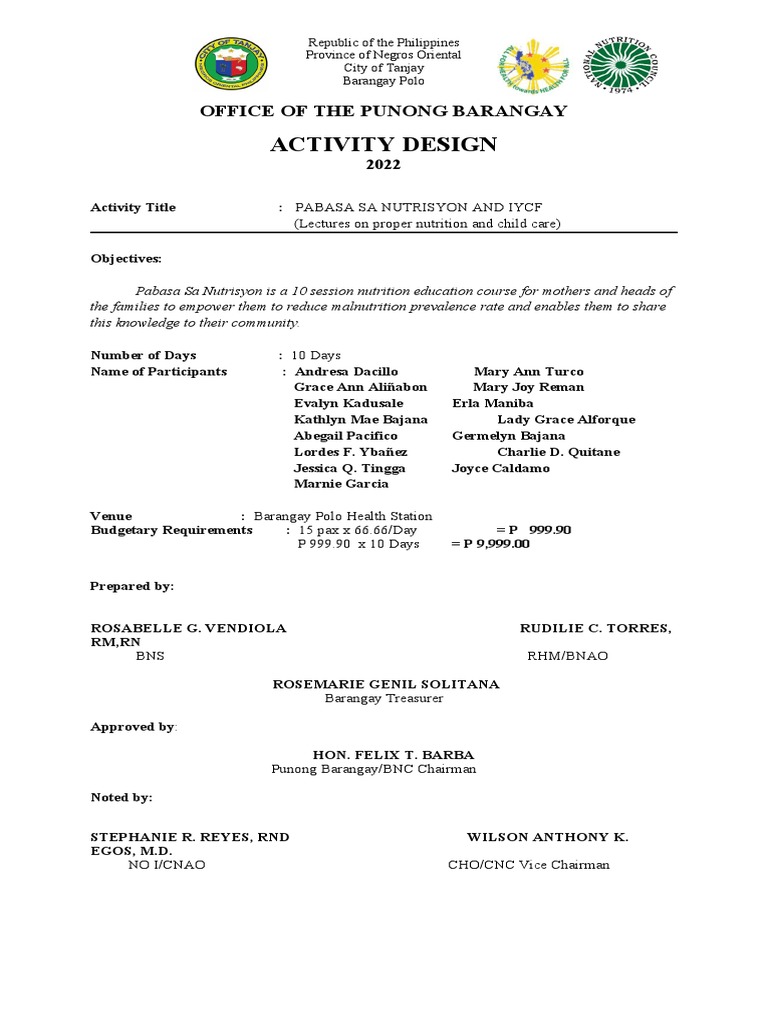 Brgy POLO Activity Design For Pabasa Sa Nutrisyon | PDF