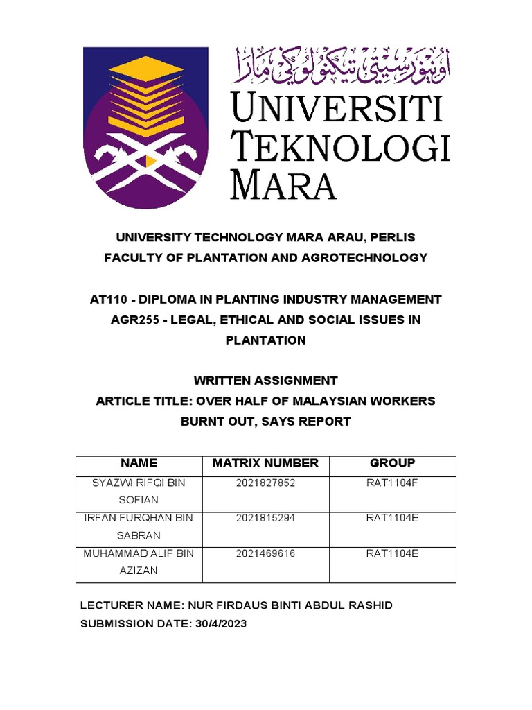 Syazwi Rifqi - 4F - Agr255 | PDF | Employment | Occupational Burnout