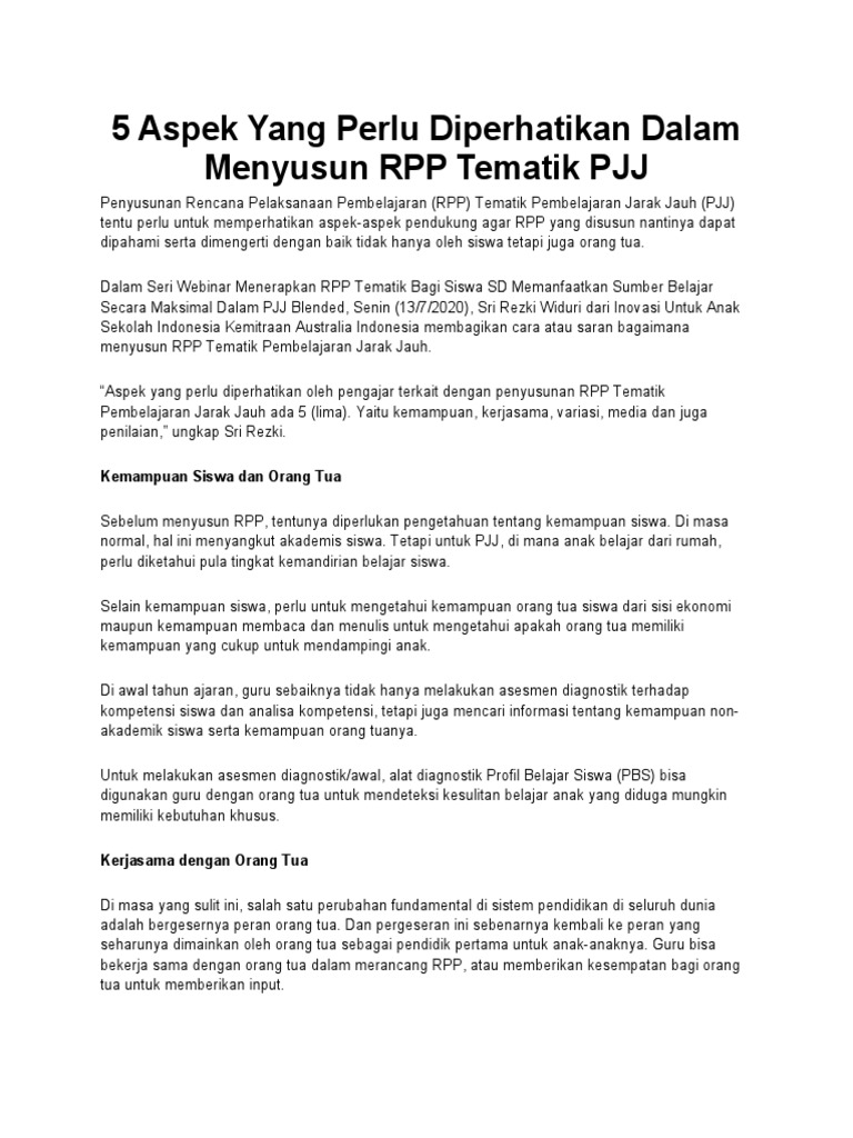 5 Aspek Yang Perlu Diperhatikan Dalam Menyusun RPP Tematik PJJ | PDF ...