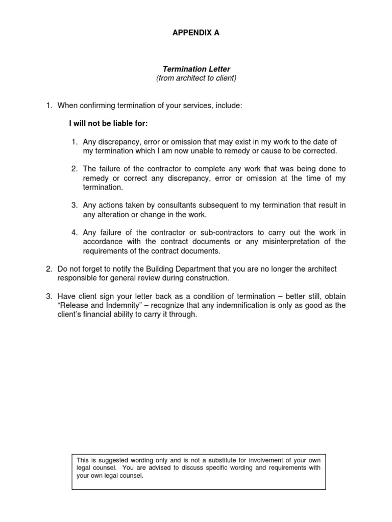 Termination Letter (From Architect To Client) | PDF | Indemnity | Legal ...