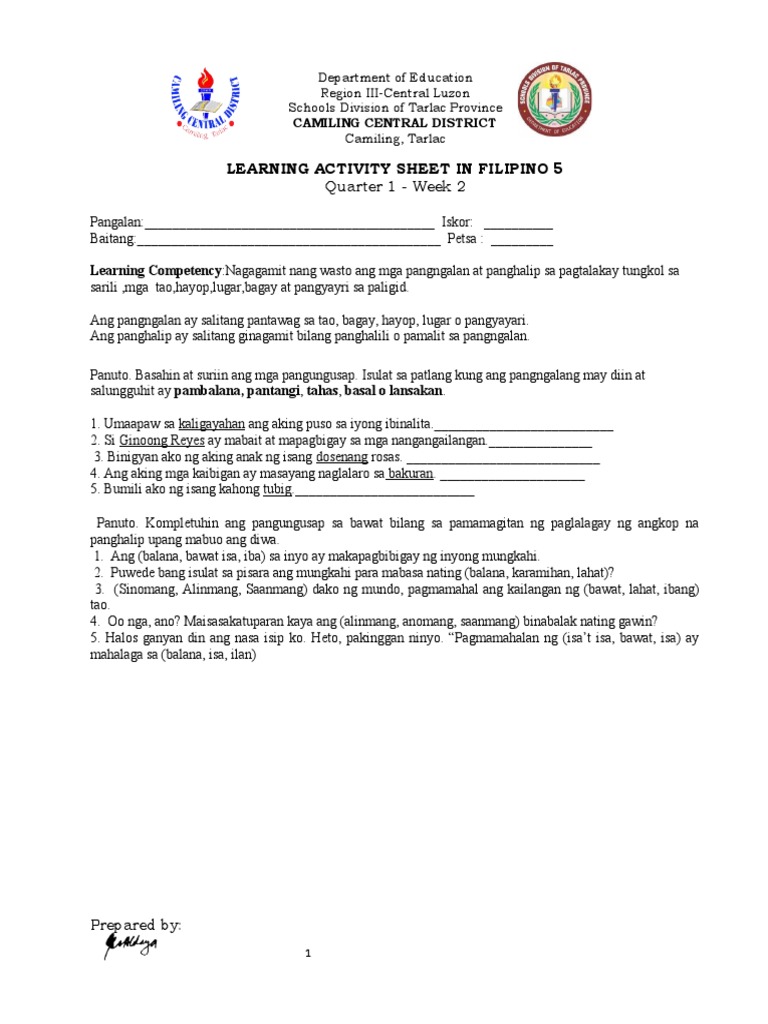 LAS Filipino5 Quarter1 Week2 | PDF
