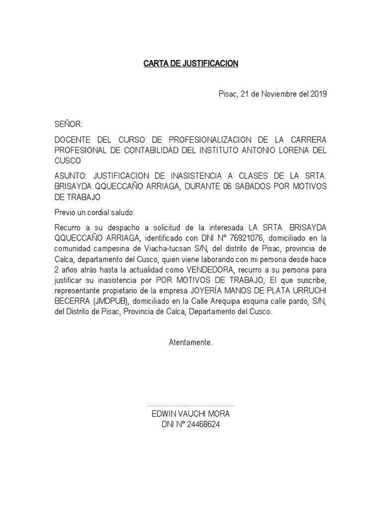CARTA DE JUSTIFICACION AL TRABAJO | PDF