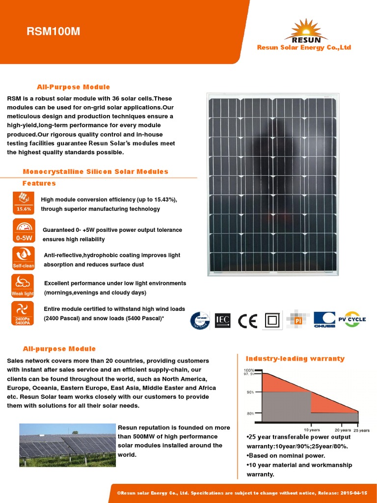 Ficha Técnica Panel Solar 100 Watt Resun | Download Free PDF | Solar ...