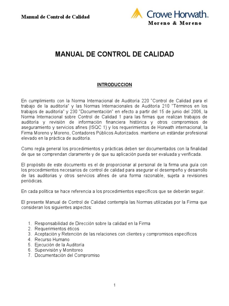 Manual de Control de Calidad | PDF | Auditoría | Contralor