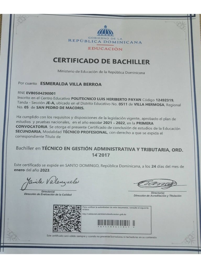 Certificado de Bachiller | PDF
