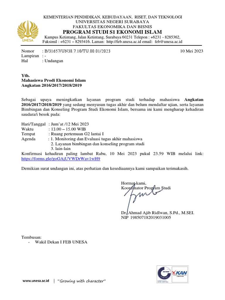 31657-Undangan Monitoring Progress Tugas Akhir Mahasiswa | PDF