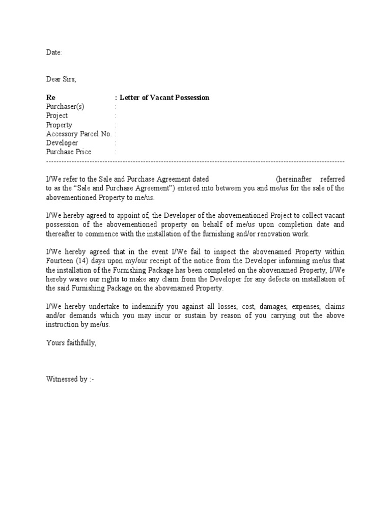 Letter of Consent [Appointing Dev to collect Vacant Possession] | PDF