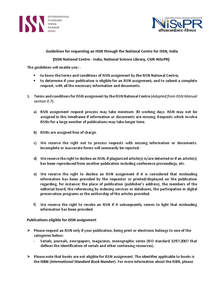 ISSN India Guidelines | PDF | International Standard Serial Number | Communication