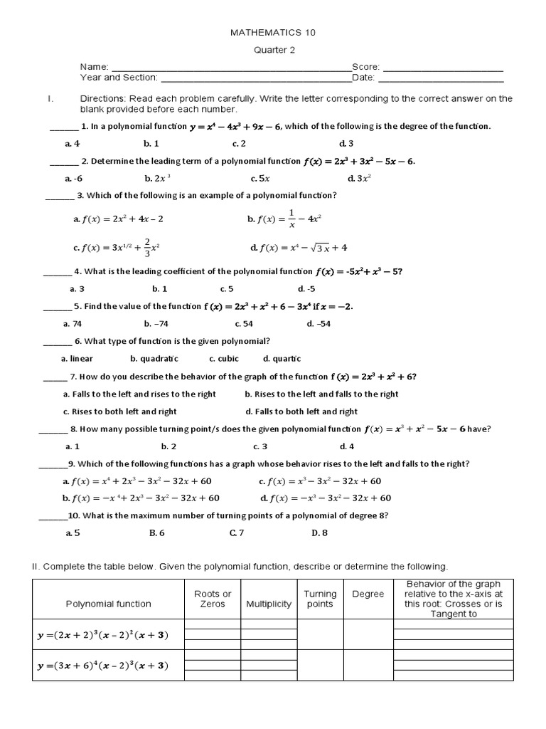2nd Periodical Tests Math 10 | PDF | Polynomial | Function (Mathematics)