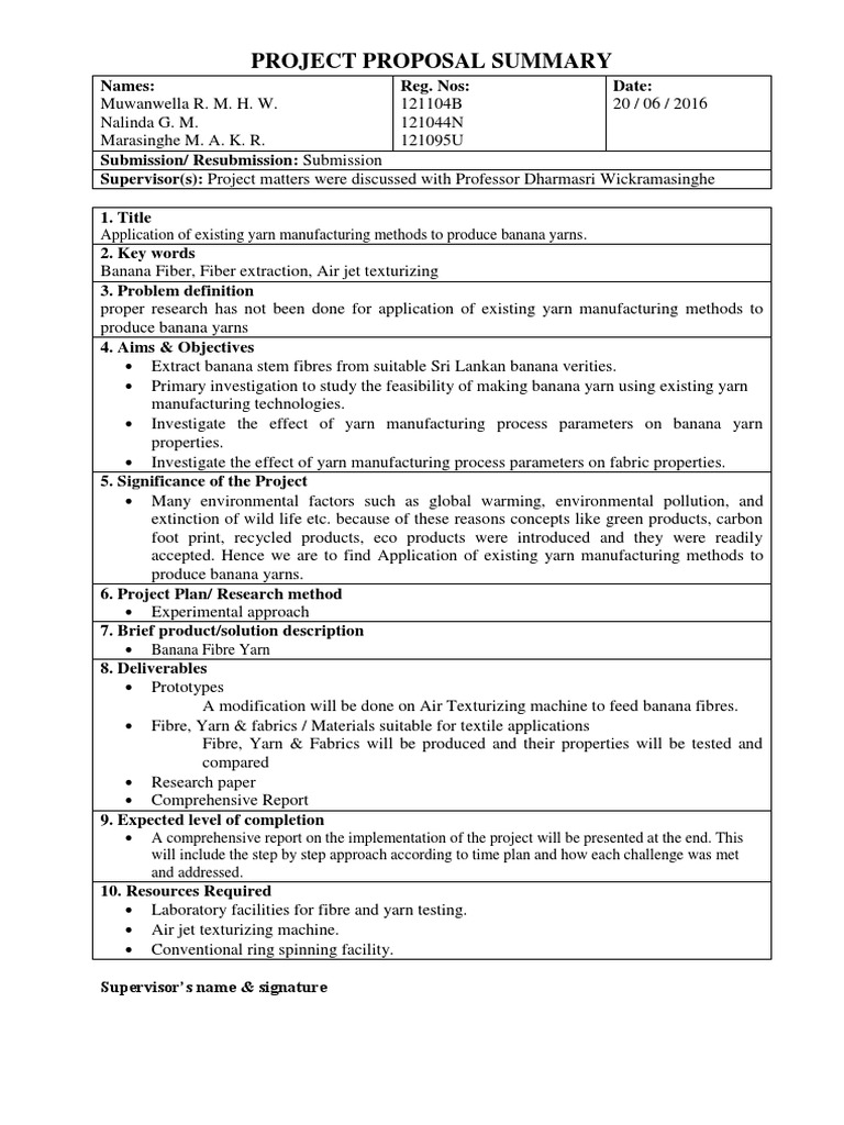 Final Year Project Proposal Summary Bana | PDF | Yarn | Textiles