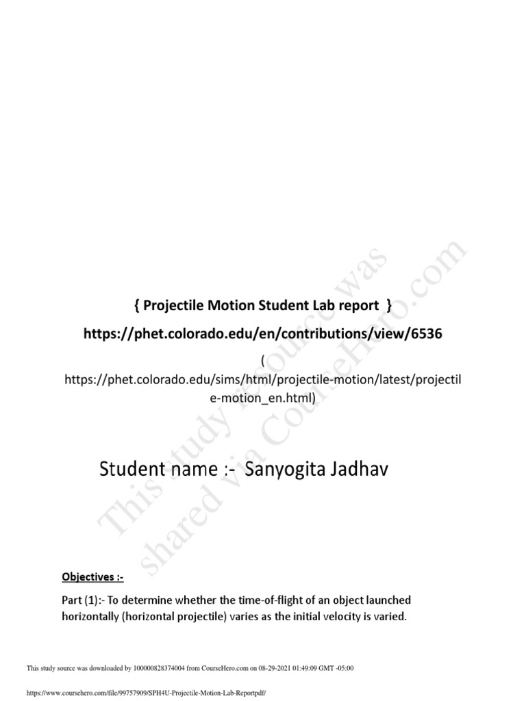 SPH4U Projectile Motion Lab Report PDF | PDF | Projectiles | Physical Phenomena