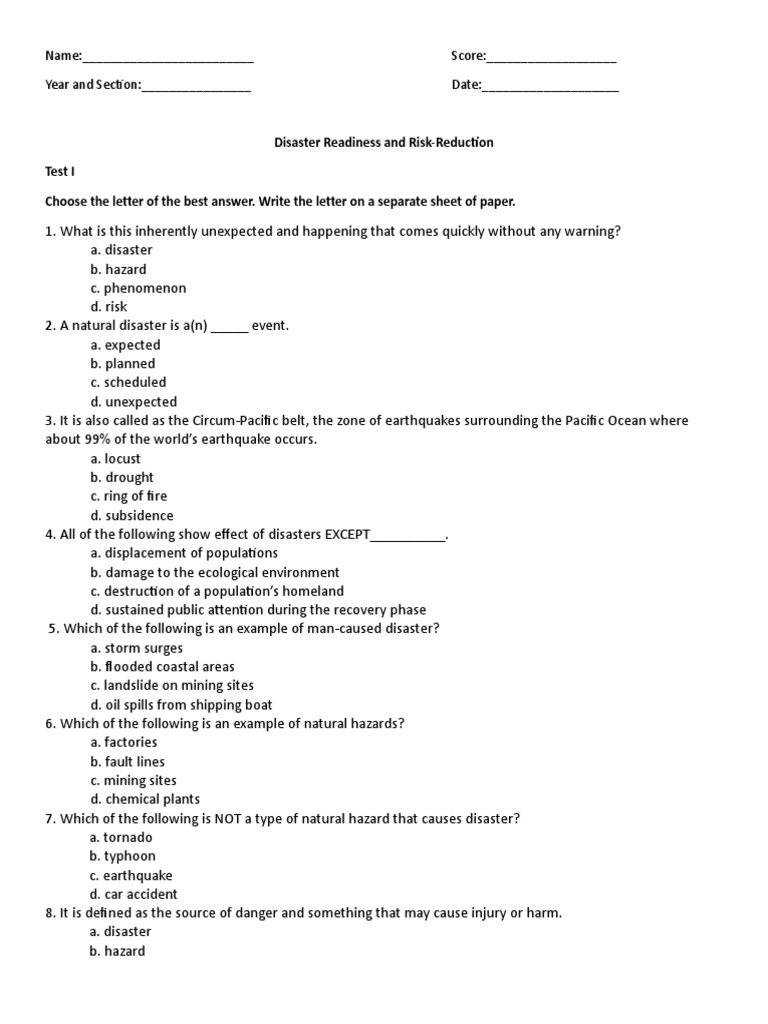 Disaster Readiness and Risk-Reduction Test | PDF | Natural Disasters ...