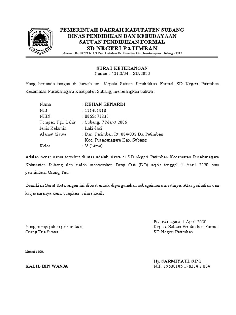 13. Surat Keterangan Drop Out (DO) | PDF