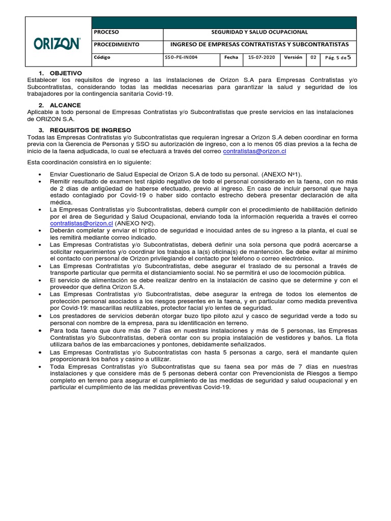 Procedimiento Ingreso Empresas Contratistas y Subcontratistas | PDF