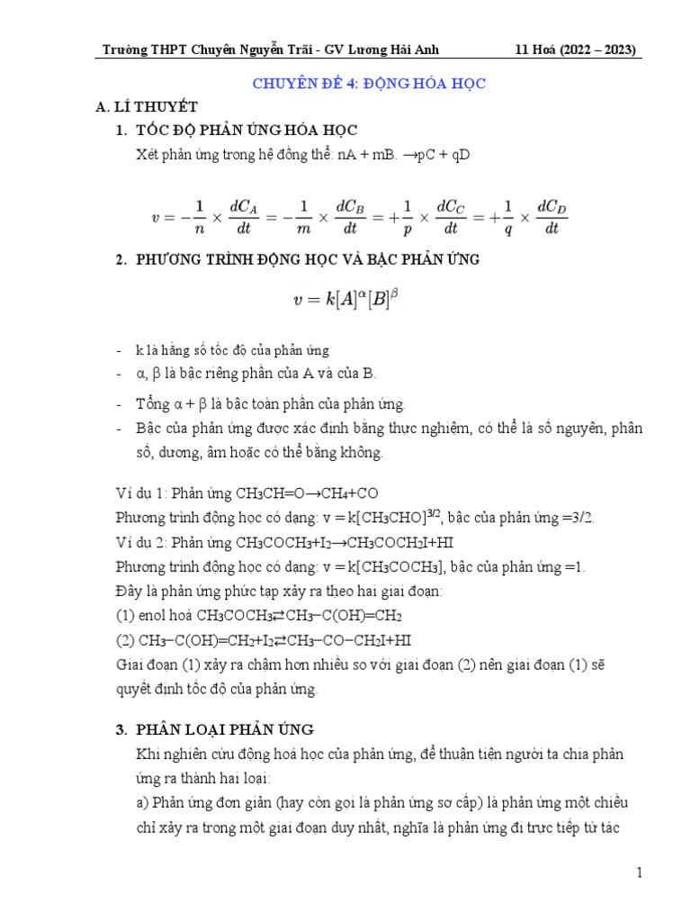 Chuyên Đề 4 ĐỘNG HÓA HỌC Lí Thuyết Và Bài Tập | PDF