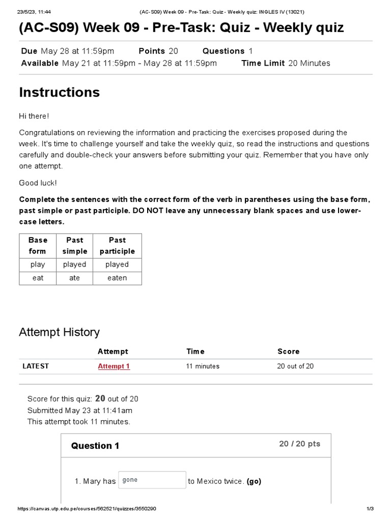 (AC-S09) Week 09 - Pre-Task_ Quiz - Weekly quiz_ INGLES IV | PDF