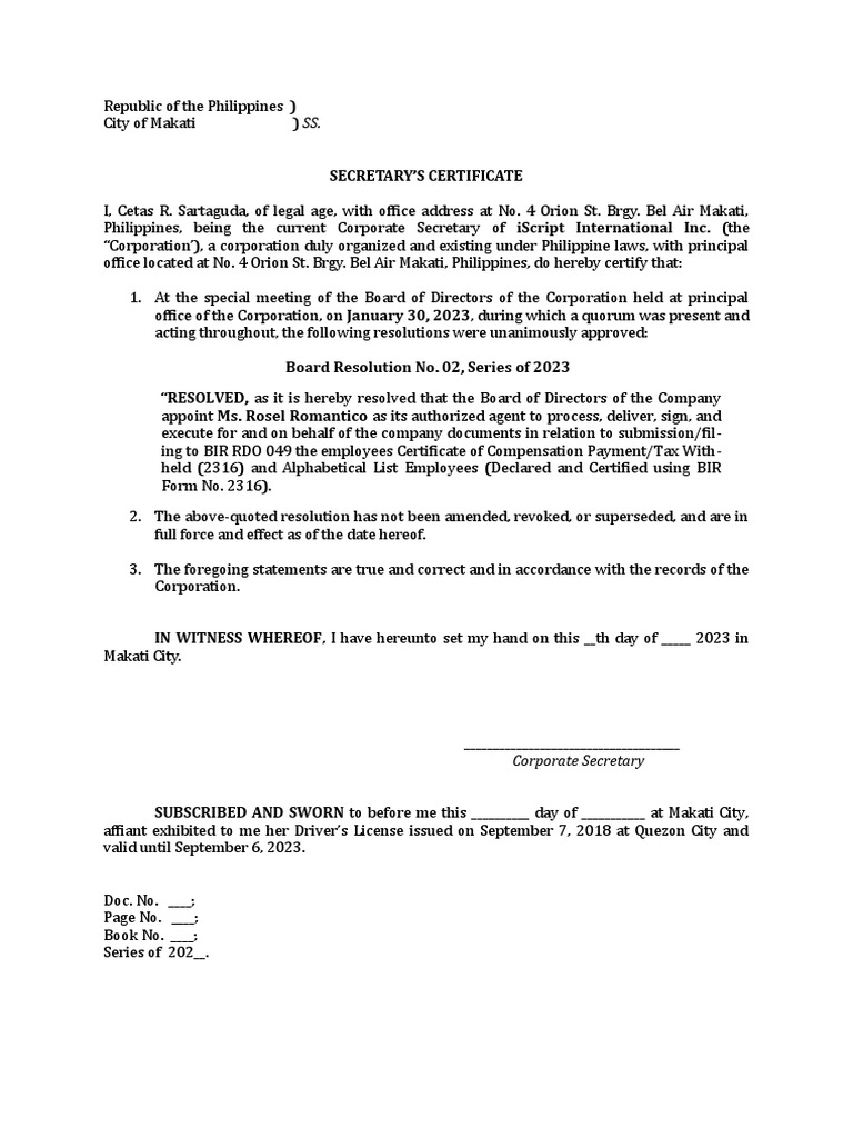 IScript Secretary Certificate For Alphalist | PDF | Business