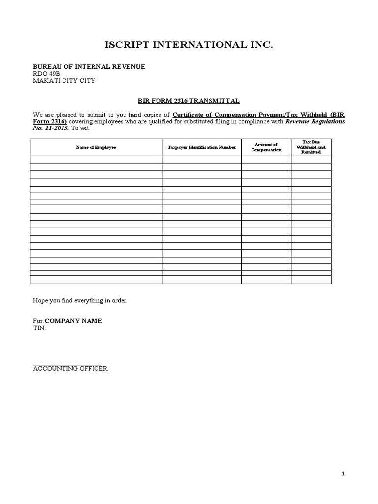 BIR - Form - 2316 - Transmittal 201 | PDF