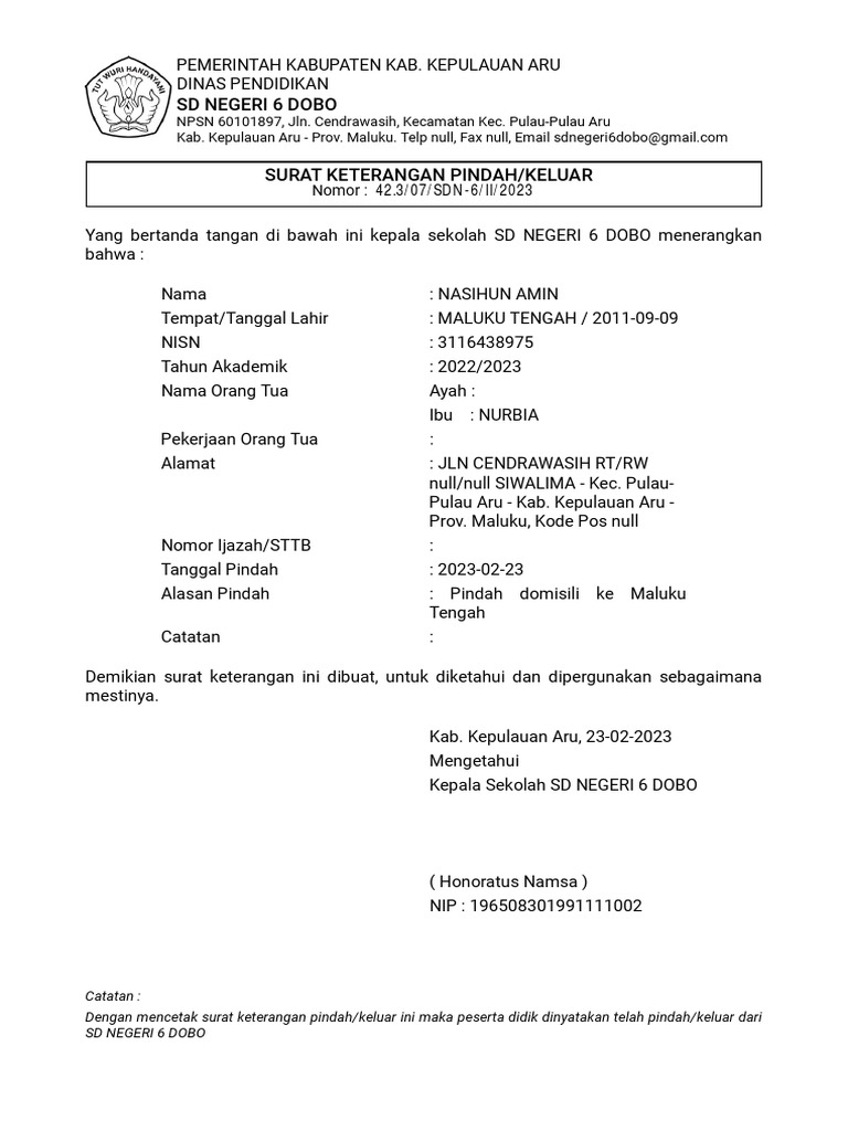 Keterangan Pindah Sekolah | PDF