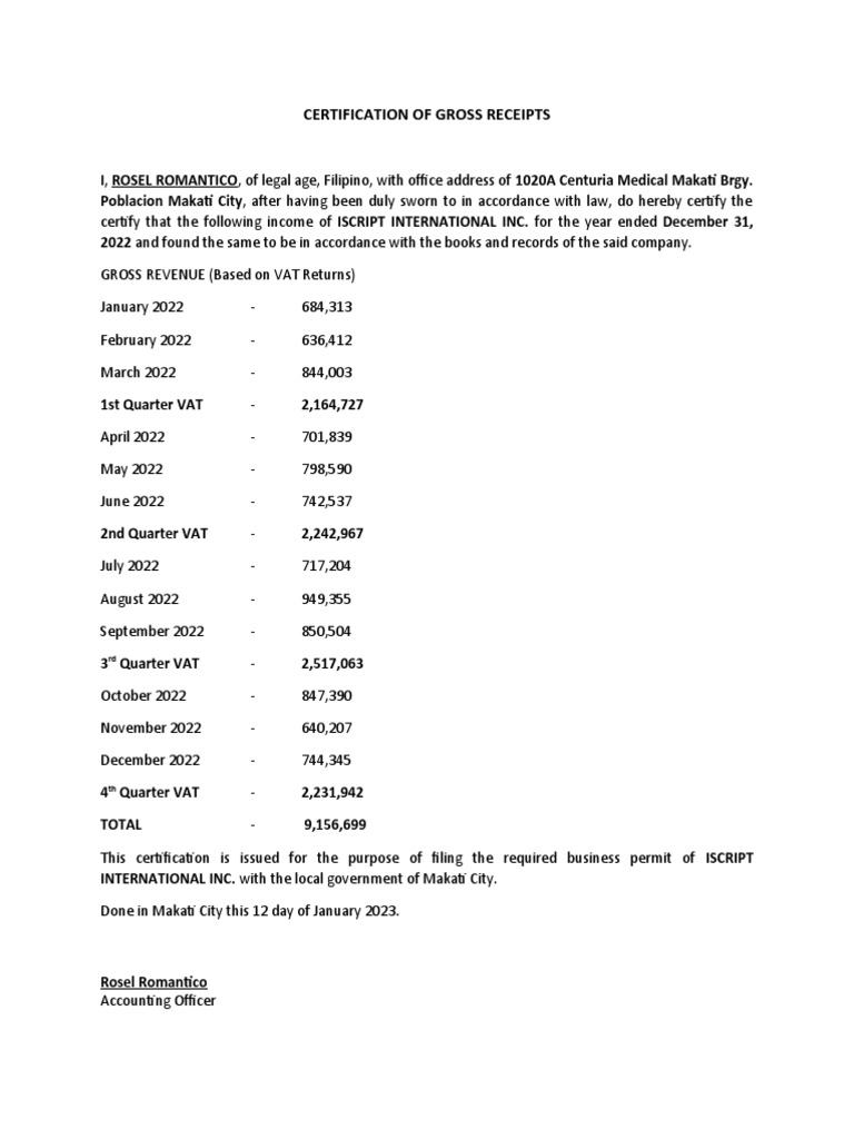 Certification of Gross Receipts | PDF