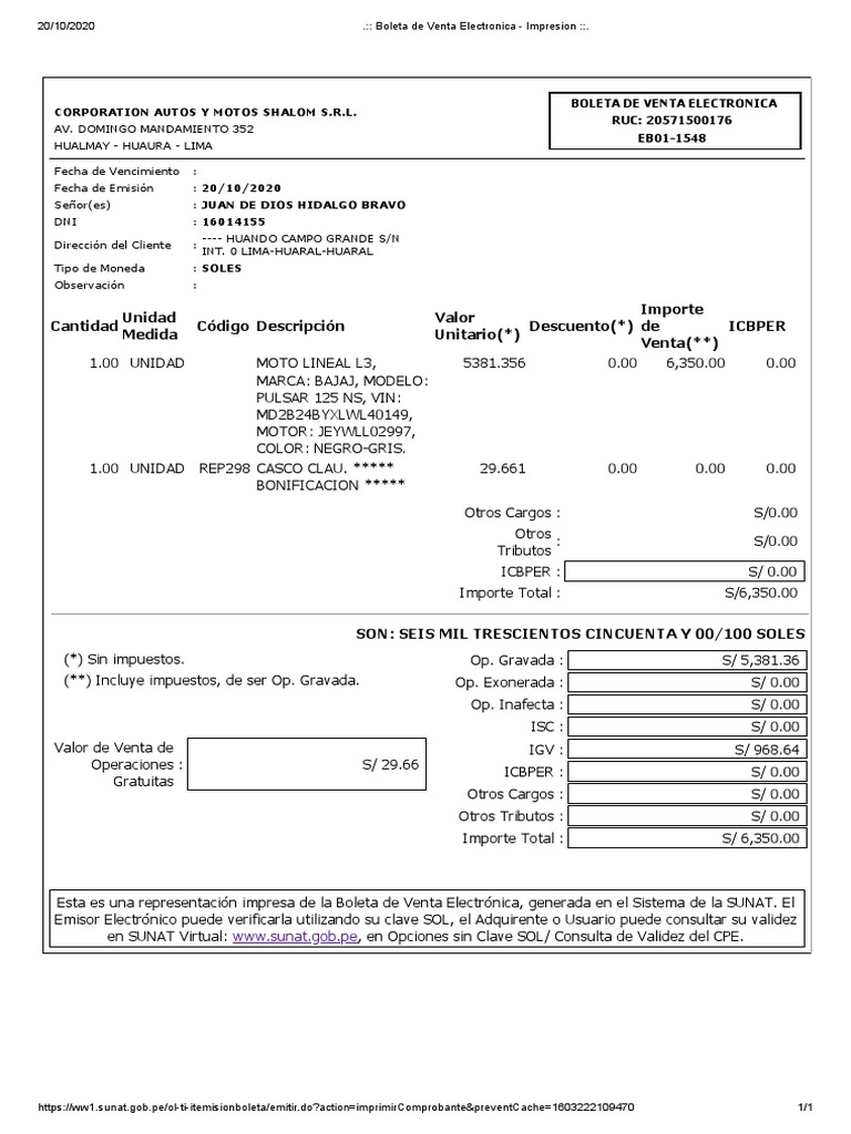 Boleta de Venta Electrónica SUNAT 2020 | PDF