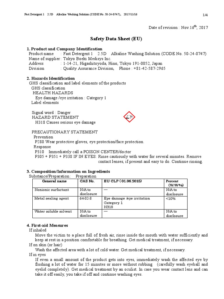 SDS Fast Detergent 1 2.5D EU English | PDF