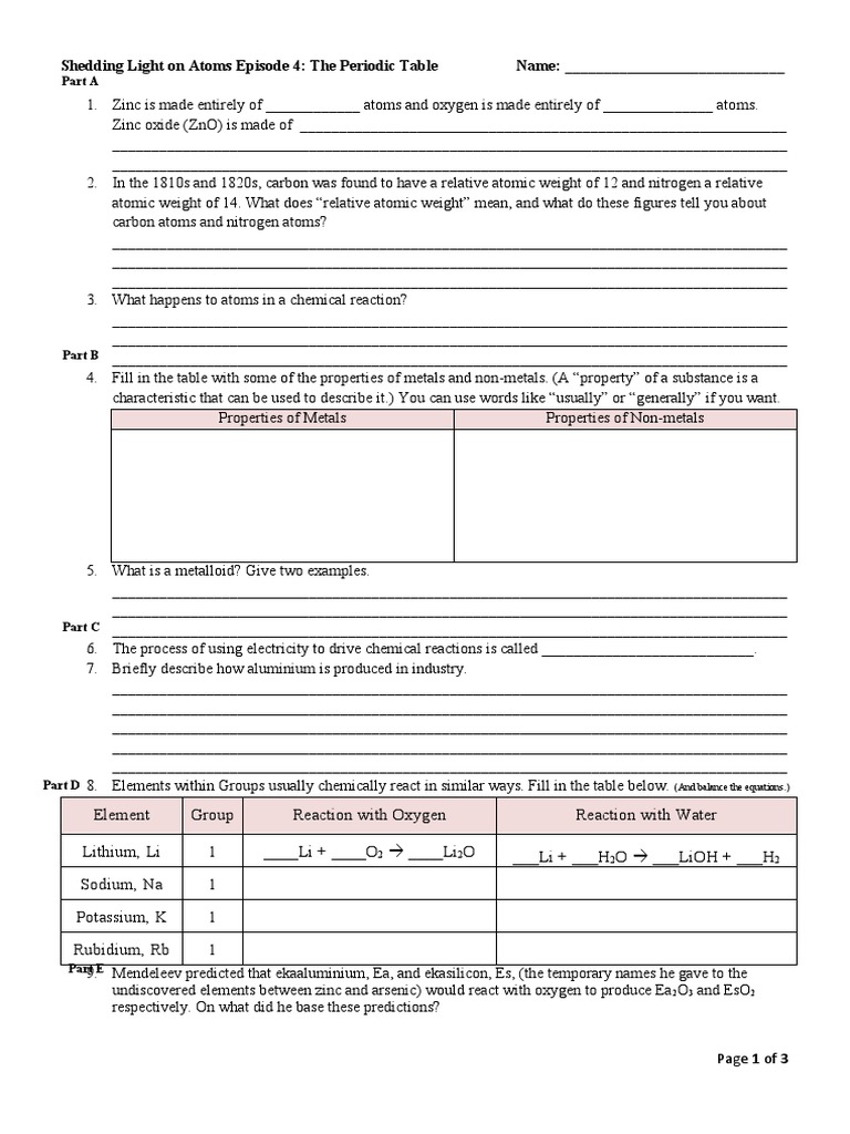 Periodic Table Question Sheet | PDF | Periodic Table | Chemical Elements