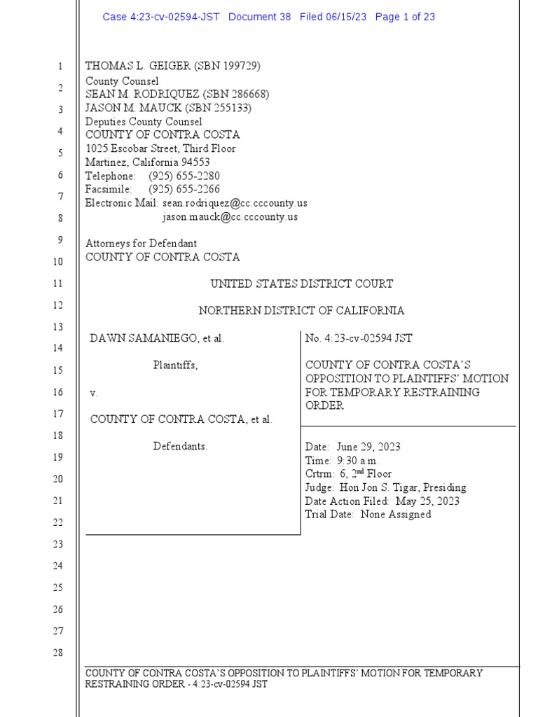 County Of Contra Costa S Opposition To Restraining Order For Tenants At