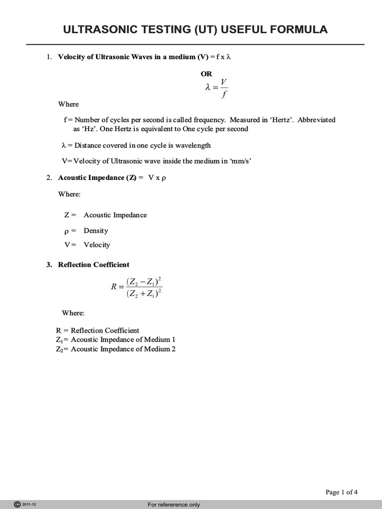 Ultrasonic Testing Useful Formula | PDF | Waves | Wavelength