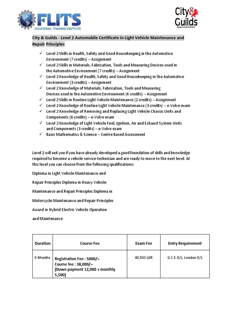 Level 2 Automobile Certificate in Light Vehicle Maintenance and Repair ...
