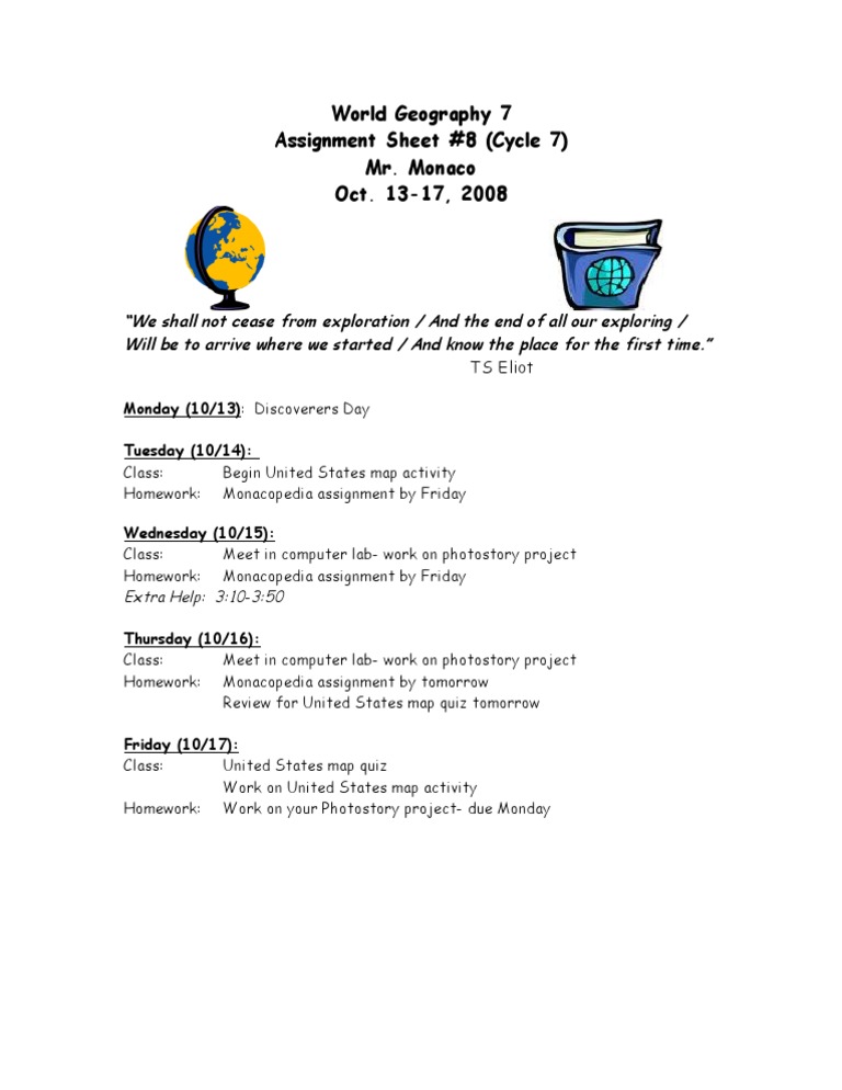 World Geography 7 Assignment Sheet #8 (Cycle 7) Mr. Monaco Oct. 13-17 ...