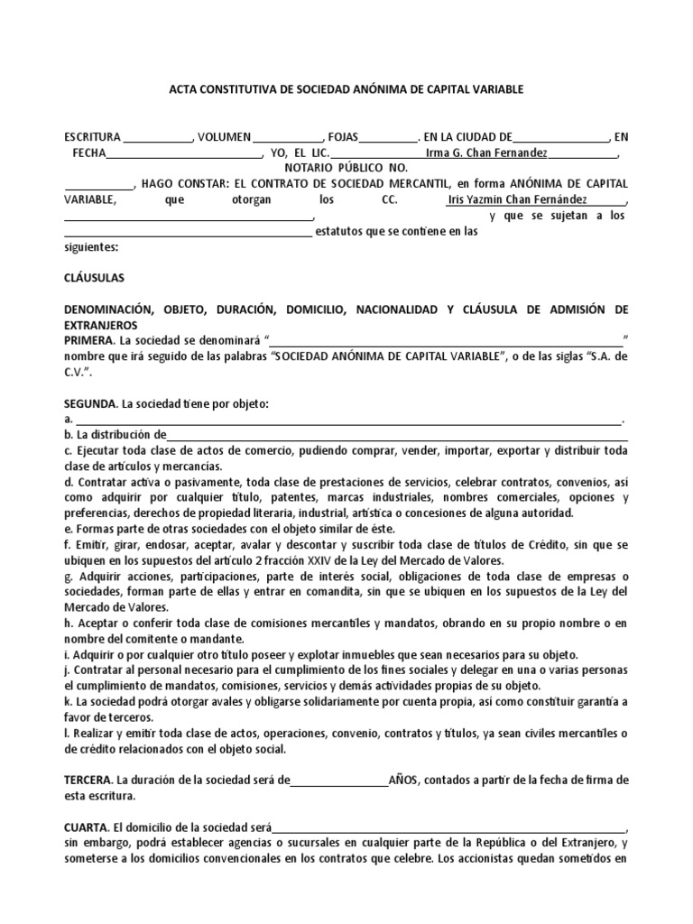Acta - Constitutiva Capital Variable | PDF | Sociedad de responsabilidad limitada | Compartir ...