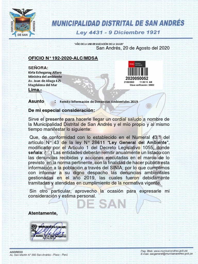 OFICIO #192-2020-ALC/MDSA: Señora | PDF