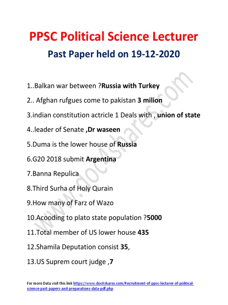 PPSC Political Science Lecturer Past Paper Held On 19-12-2020 | PDF