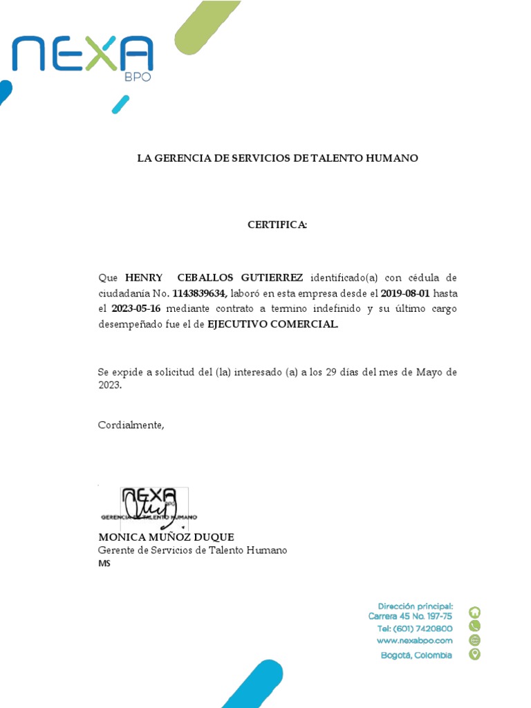 Certificado Laboral de Henry Ceballos | PDF