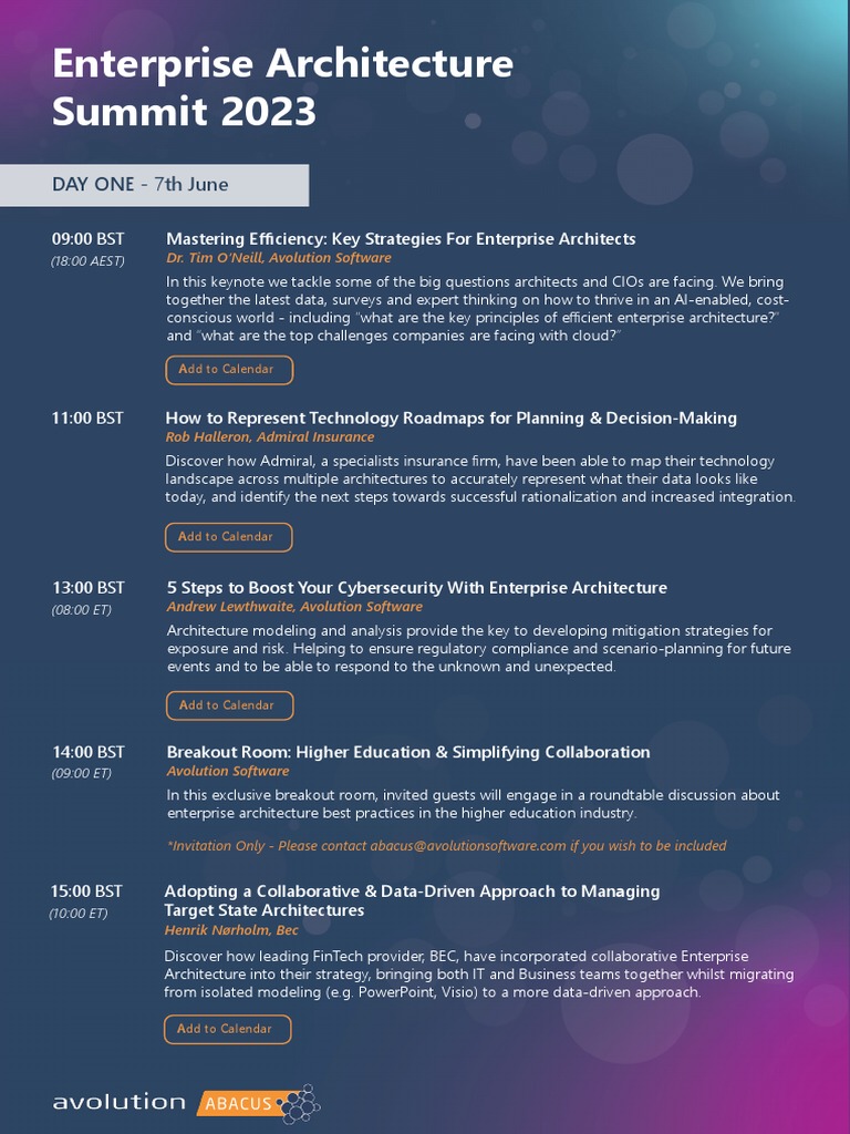 Avolution Enterprise Architecture Summit 2023 - Full Agenda With Icals | PDF | Enterprise ...