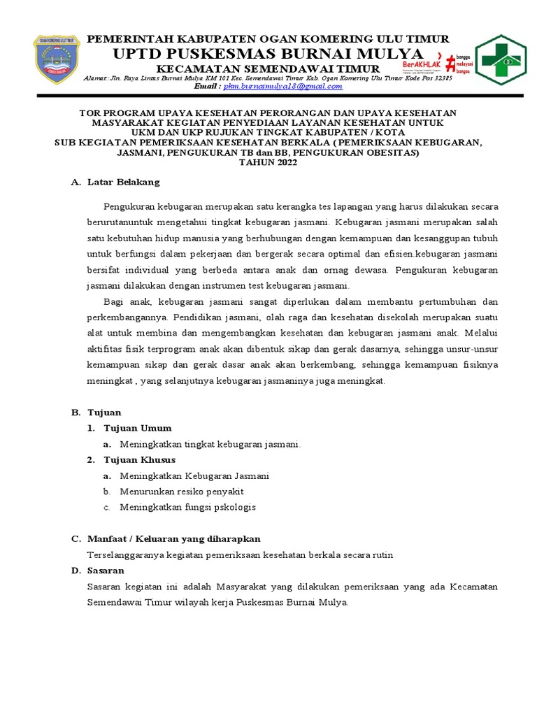 TOR KEGIATAN 15.a.pemeriksaan Kesehatan Berkala | PDF