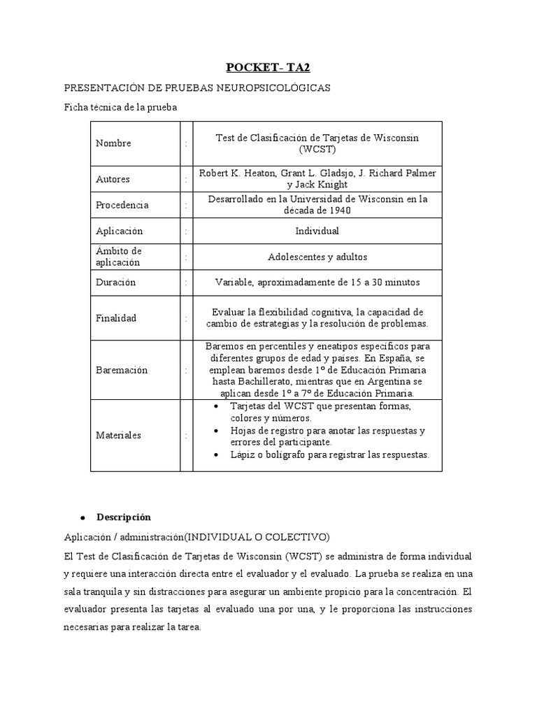 Test de Clasificación de Tarjetas WCST | PDF | Cognición | Ciencia ...