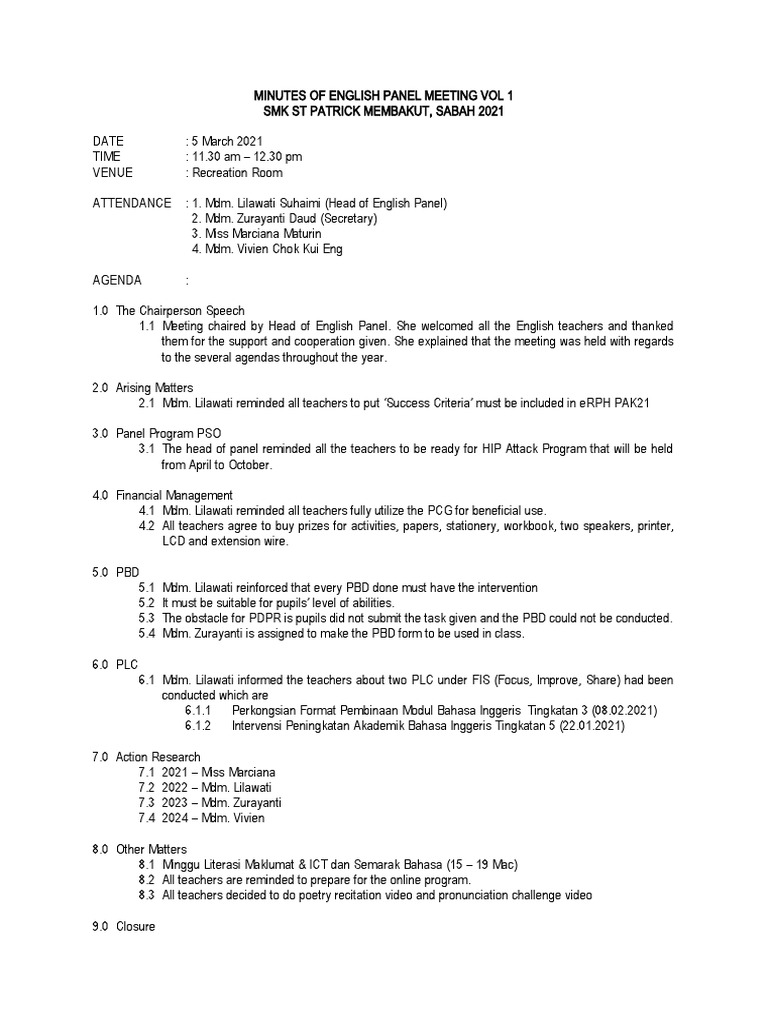 Minutes of English Panel Meeting Vol 1 2021 | PDF