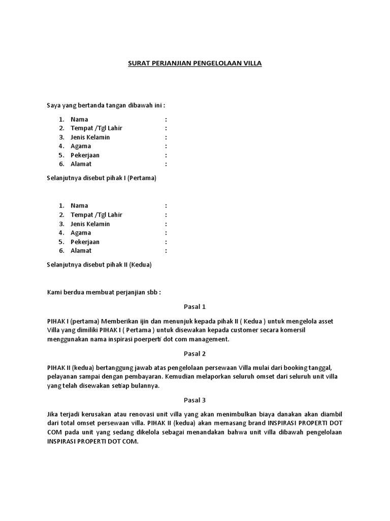 Surat Perjanjian Kerjasama Pengelolaan Villa | PDF