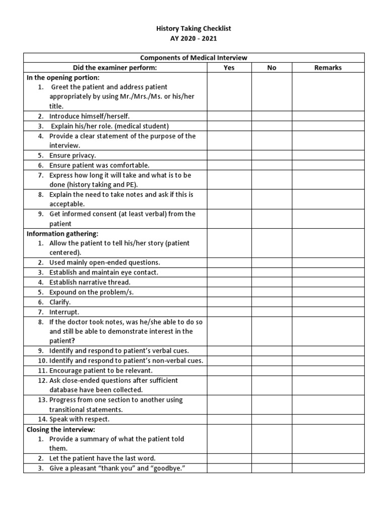 History Taking Checklist Pdf Diseases And Disorders Health Sciences